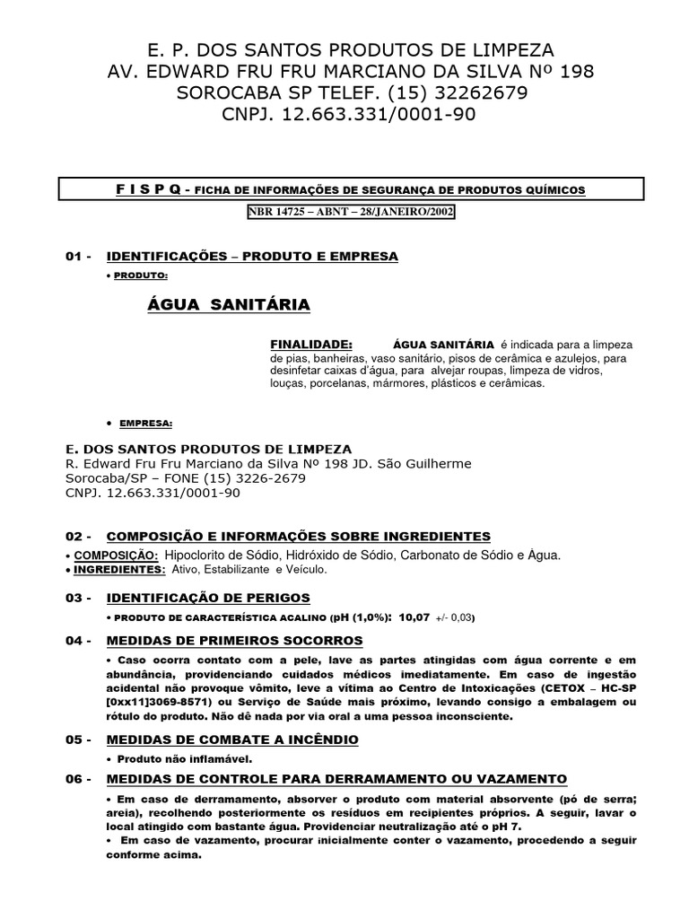 Água Sanitária Clineza - Fispq-2016 | PDF | Embalagem e rotulagem | Cloreto de polivinila (PVC)