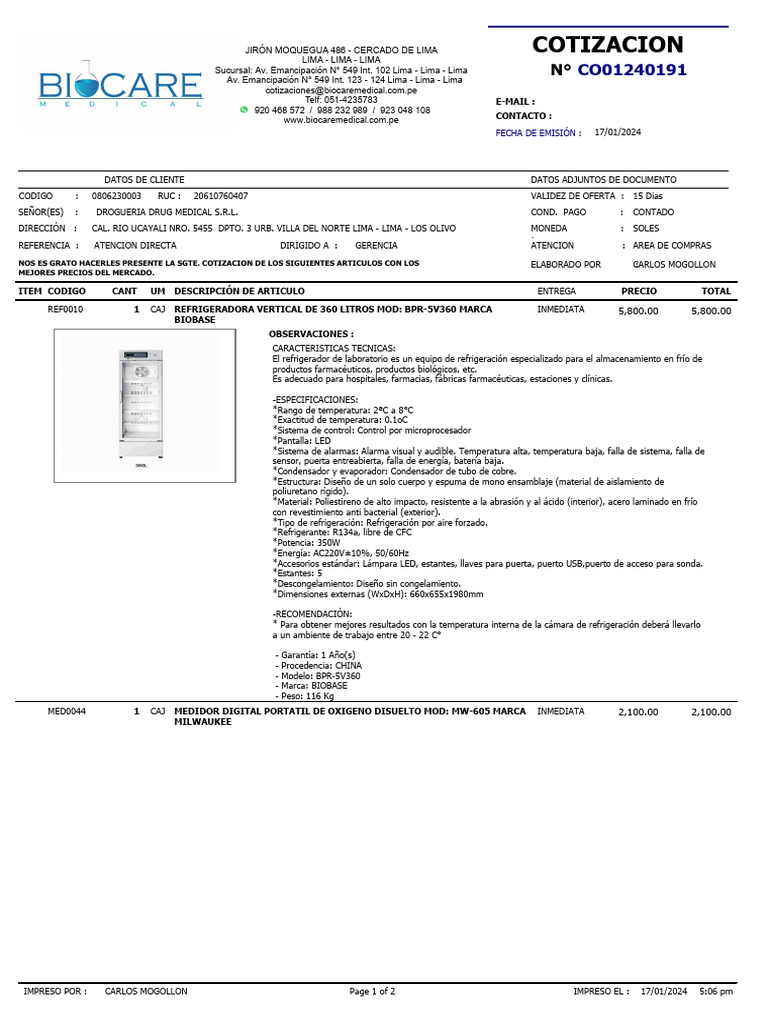 cotizacion de refrigeradora vertical y medidor de oxigeno disuelto ... cotizacion de refrigeradora vertical y medidor de oxigeno disuelto ...