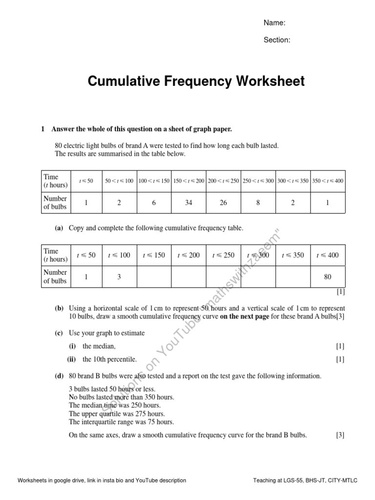 Cumulative Frequency Worksheet | PDF