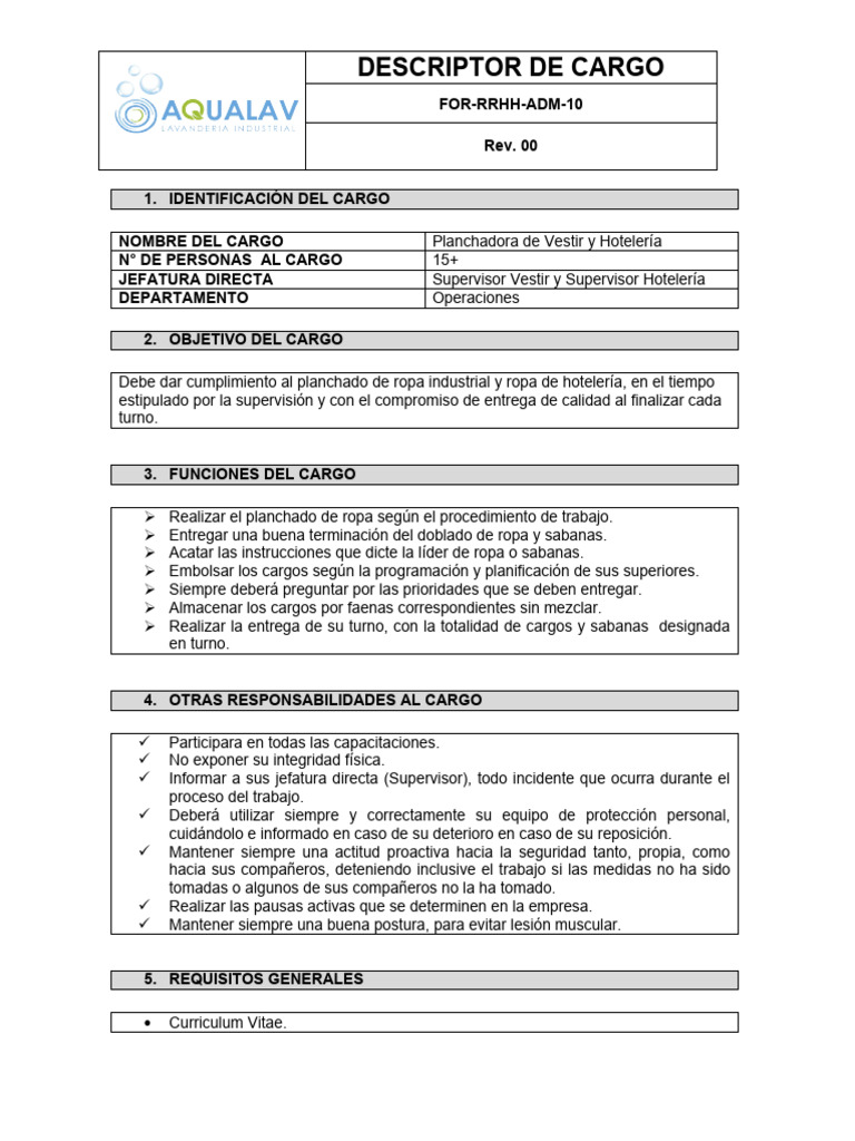 Descriptor de Cargo PLANCHADORA (FOR-RRHH-ADM-10-REV.00) | PDF | Business