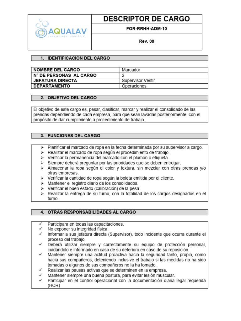 10. Descriptor de Cargo MARCADOR (FOR-RRHH-ADM-10-REV.00) | PDF
