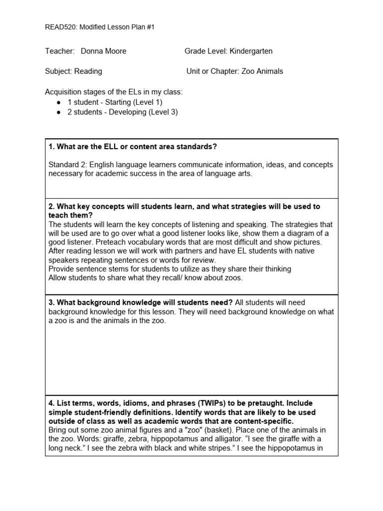 Modified Lesson Plan One Read 520 | PDF | Education Theory | Language ...