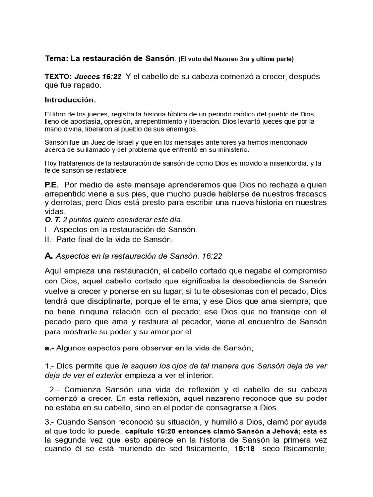 La Restauraciòn de Sanson. El Voto Del Nazareato | PDF | Sansón | Pecado