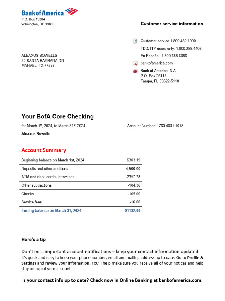 Bank of America Account Summary March 2024 | PDF