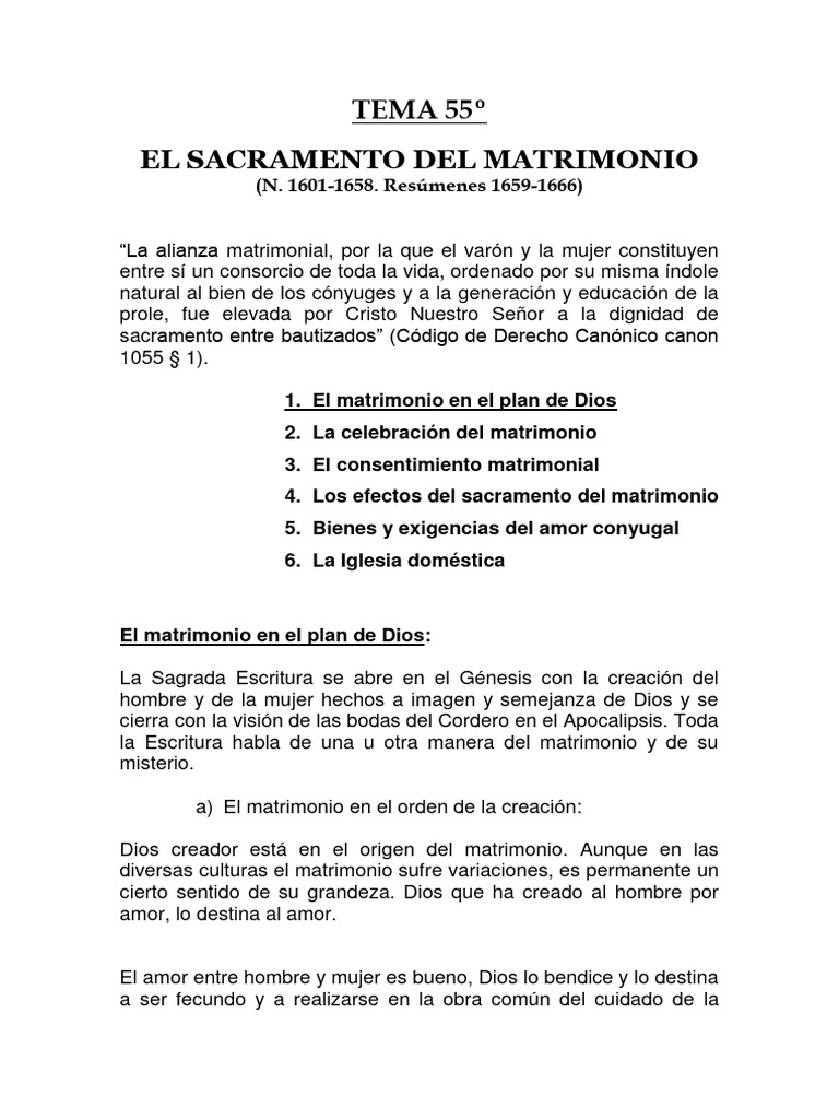 TEMA 55º EL SACRAMENTO DEL MATRIMONIO (N. 1601-1658. Resúmenes 1659-1666) | PDF | Matrimonio ...