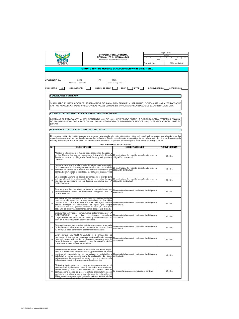 Informe de Supervisión: Contrato 3262 | PDF