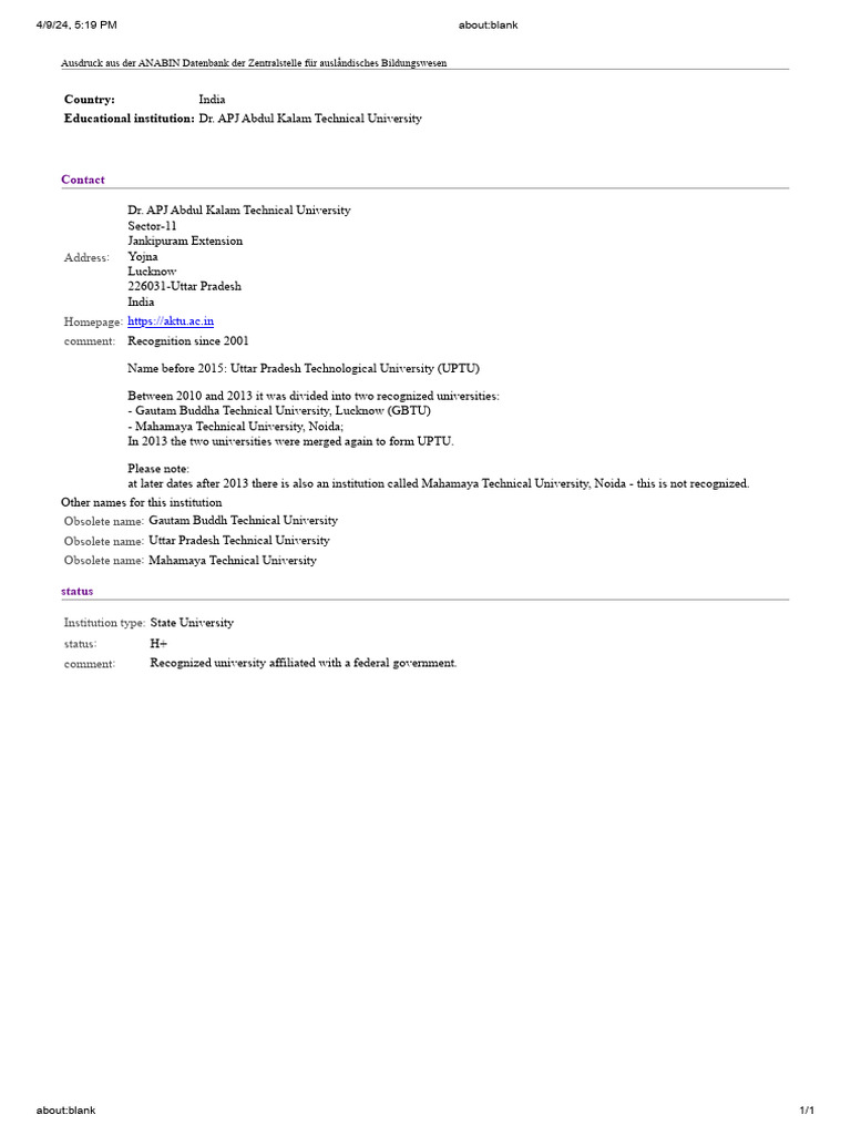 ANABIN REPORT - 1st | PDF