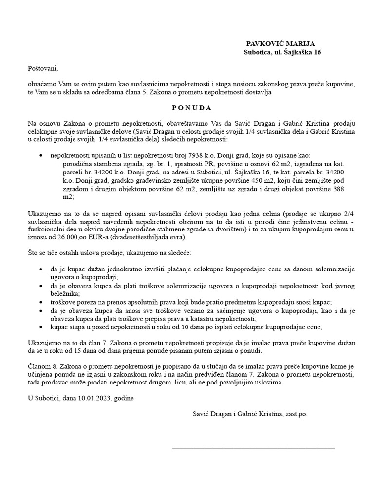 Ponuda Pavković V1 | PDF