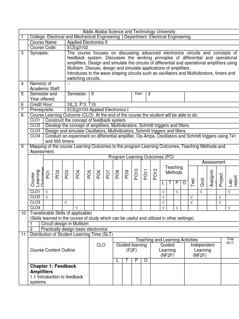 Applied Electronics II Course Outline 2015 | PDF | Operational Amplifier | Amplifier