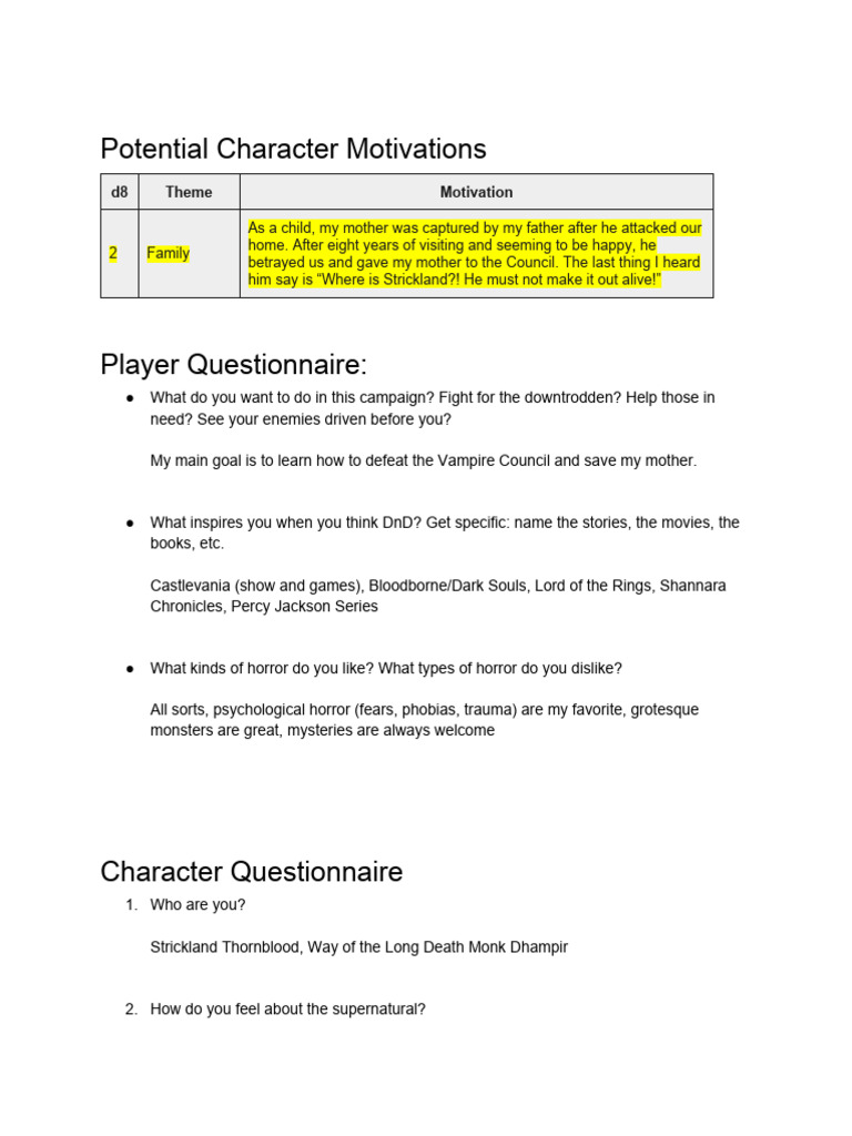 Tony's Character Questionnaire | PDF | Horror Fiction