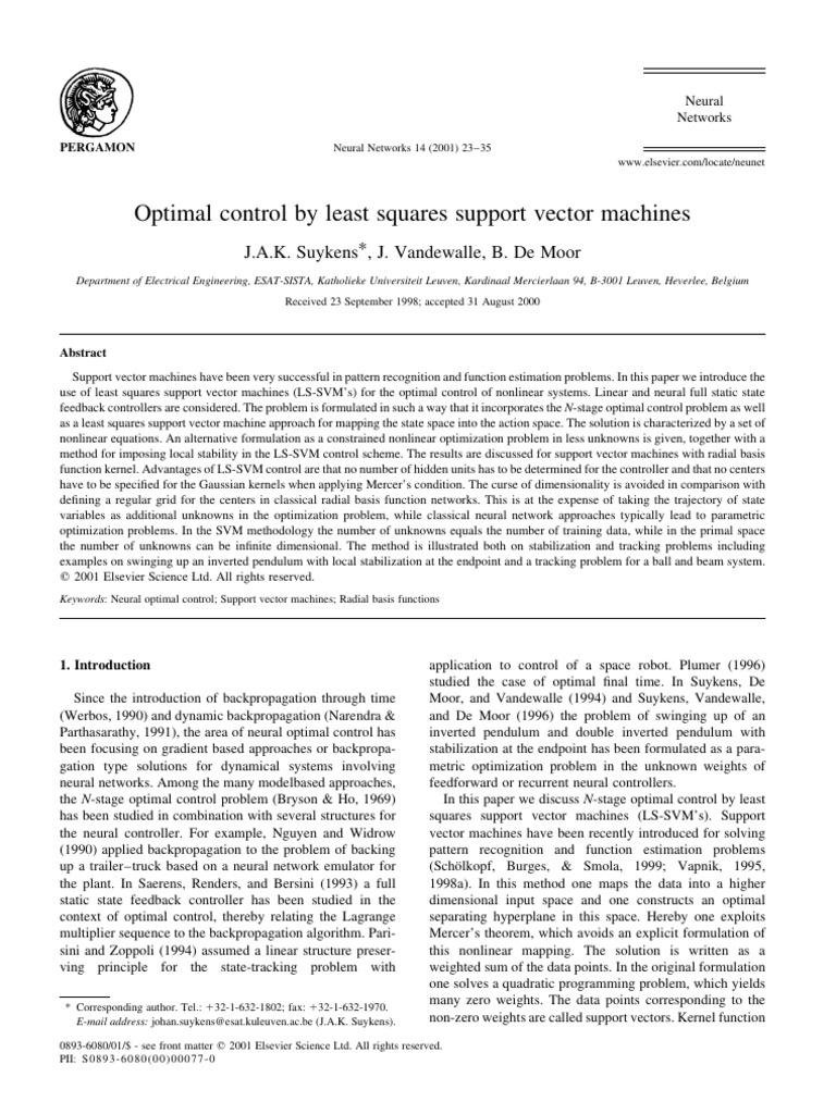 2001 Optimal Control By Least Squares Support Vector Machines Pdf Support Vector Machine