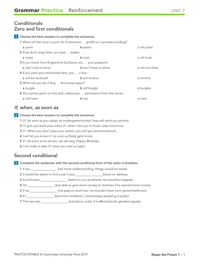 Shape The Future 1 - Grammar Practice Reinforcement - Unit 7 - Without Answers | PDF