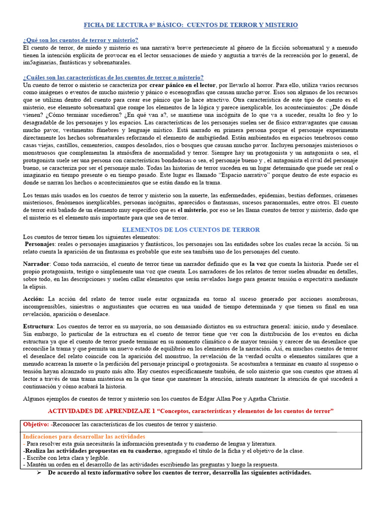 Ficha Cuento de Terror 8° | PDF | Narración | Cuentos