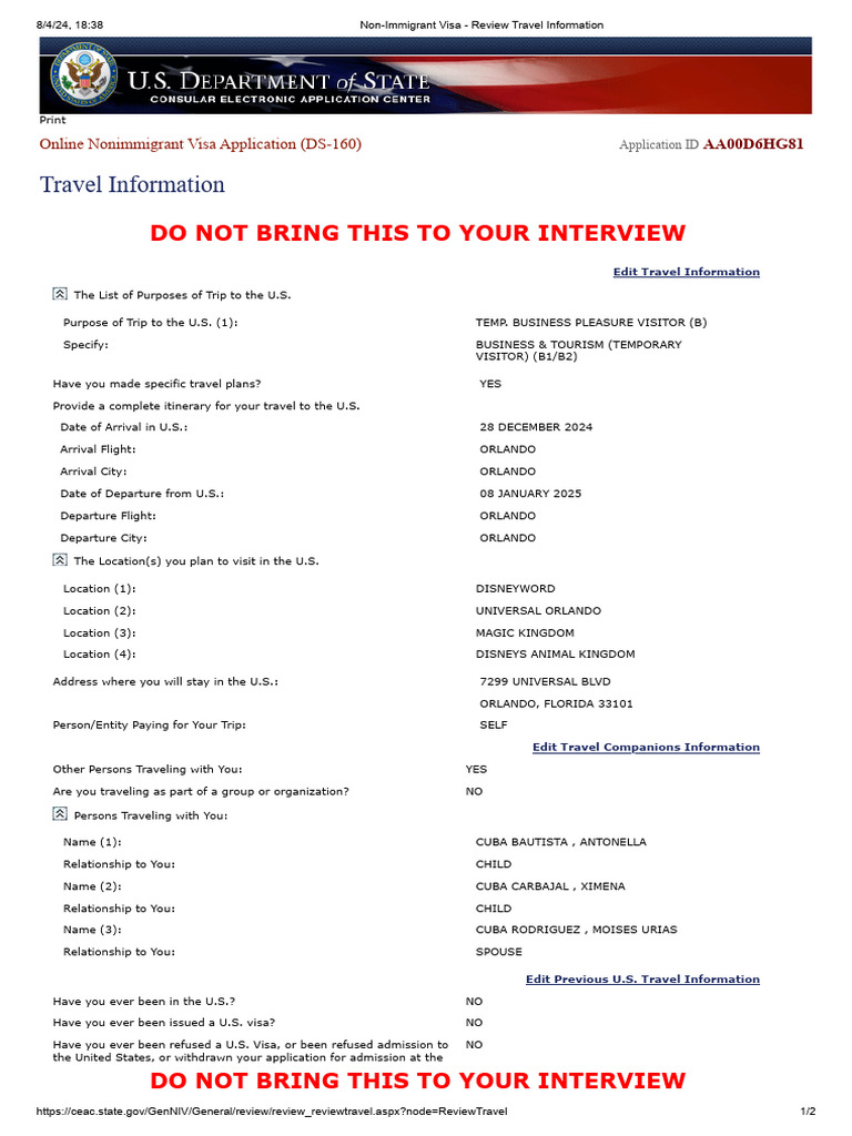 Non-Immigrant Visa Travel Details | PDF | Travel Visa | Government And ...