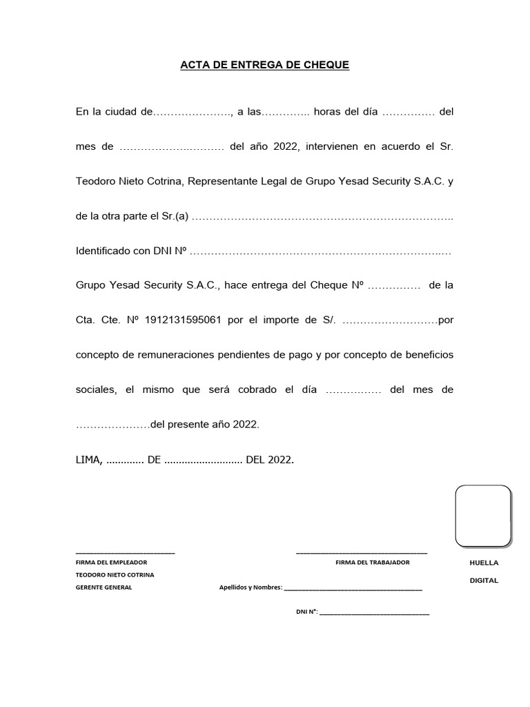 Acta de Entrega de Cheque | PDF