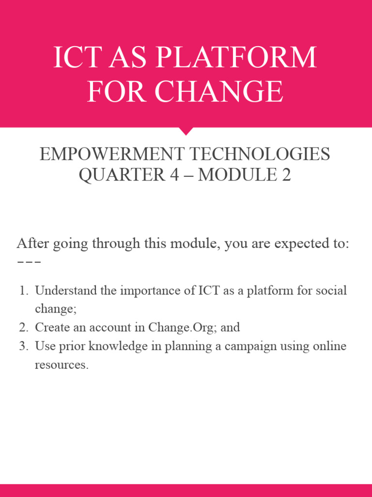 ICT AS PLATFORM FOR CHANGE Lesson 2 | PDF | Educational Technology