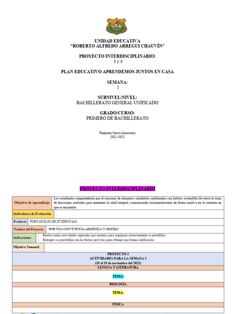 Proyecto Interdisciplinario de Primeros Bgu Semana 1 Segundo Parcial | PDF | Microsoft Word ...