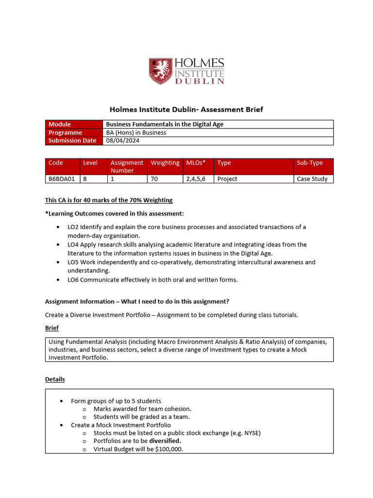 Investment Portfolio Brief | PDF | Investing | Microsoft Excel
