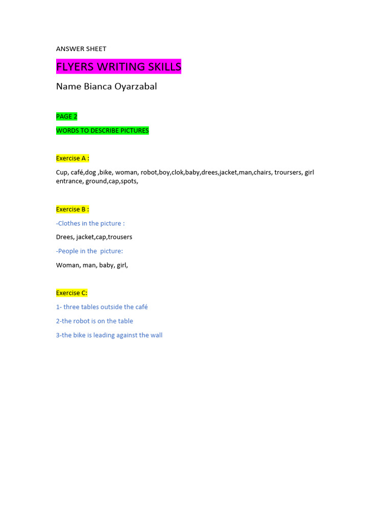 Flyers Writing Skills Answer Key | PDF