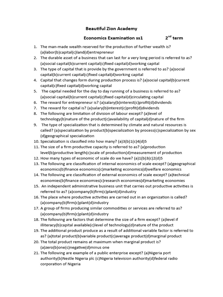 Economis ss1 2nd Term | PDF | Capital (Economics) | Economics