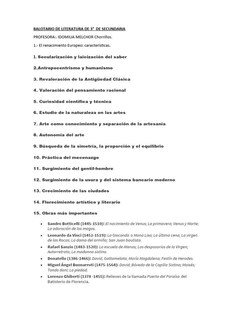 Balotario de Literatura: Renacimiento y Obras | PDF