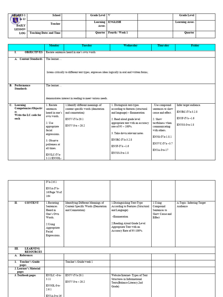 DLL Grade 5 4th QTR Week 1 English | PDF | Learning | Flashcard