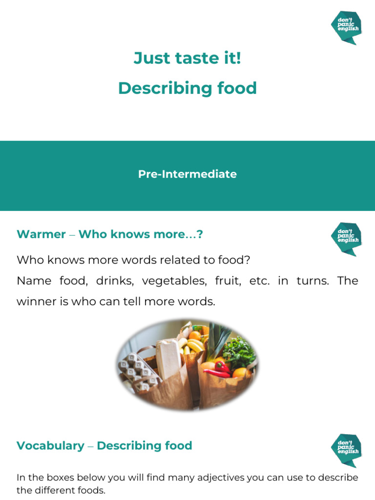 W4L1 Pre-Intermediate Just Taste It Describing Food | PDF | Taste | Foods