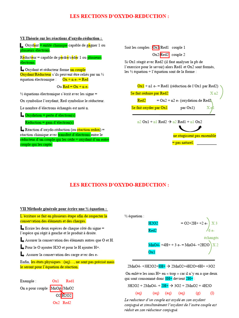Réactions d'Oxydo-Réduction Simplifiées | PDF | Réaction d ...