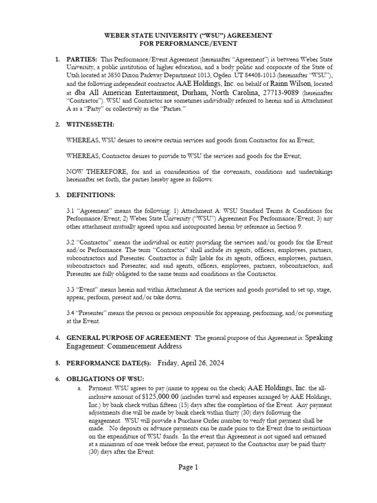 Rainn Wilson commencement contract | PDF | Indemnity | Legal Liability