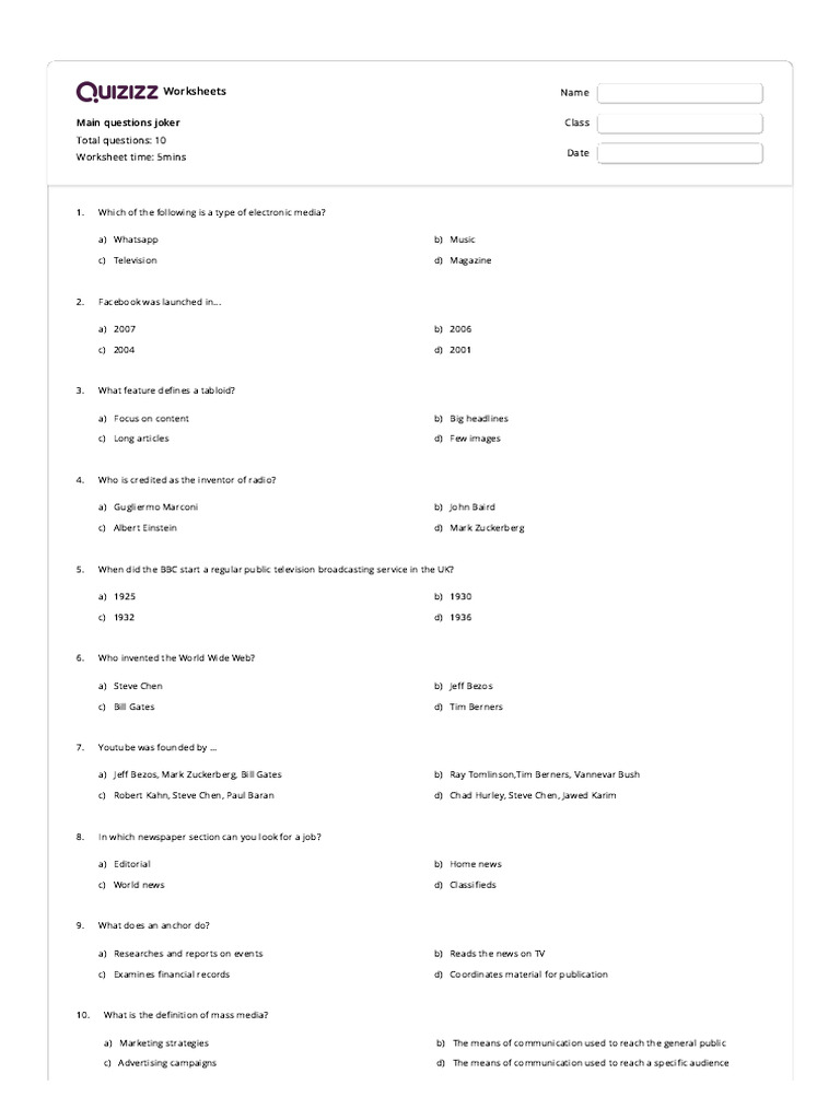 Main questions joker _ Quizizz | PDF | Television | News