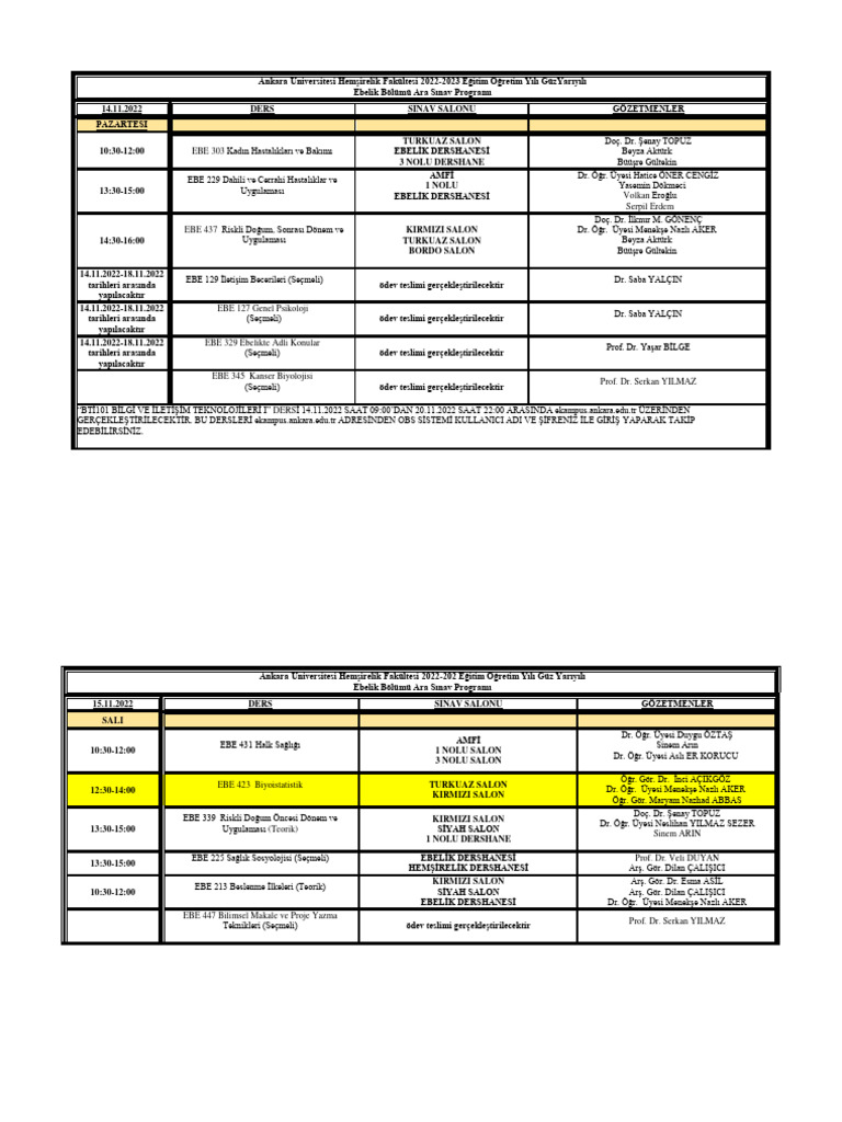 2022 2023 Güz Dönemi̇ Ebelik Bolumu Ara Sinav Programi | PDF