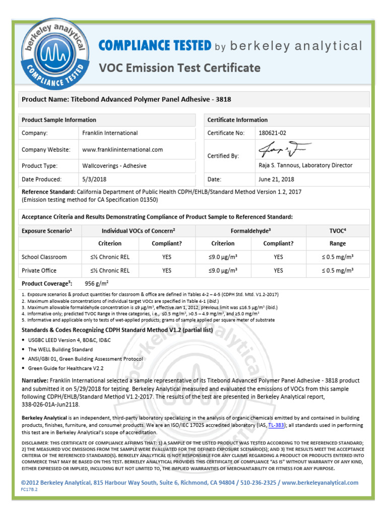 Titebond Adhesive VOC Emission Certificate | PDF | Volatile Organic ...