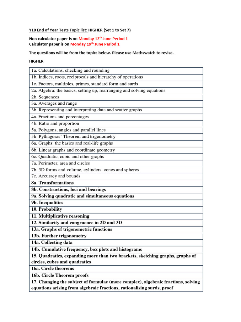Y10 HIGHER End of Year Tests Topic List | PDF