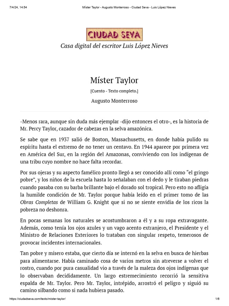 Míster Taylor - Augusto Monterroso - Ciudad Seva - Luis López Nieves | PDF | Historia