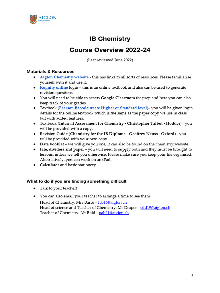IB Chemistry Course Overview Class of 2024 | PDF | Chemistry