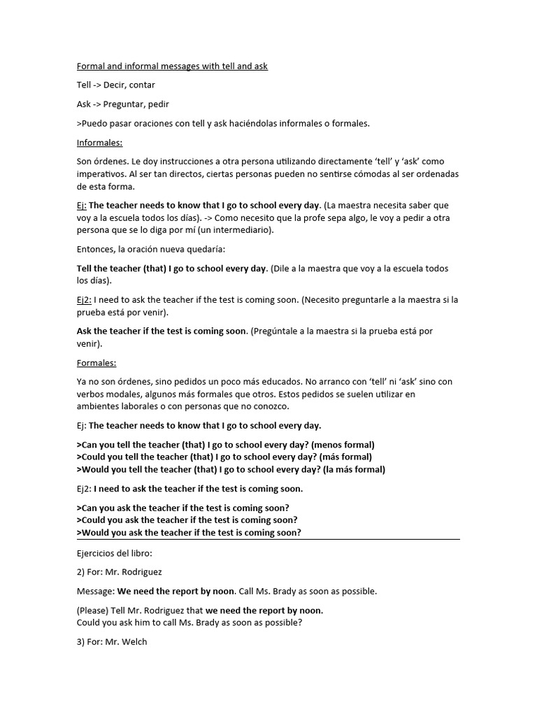 Mensajes formales e informales con "tell" y "ask" | PDF