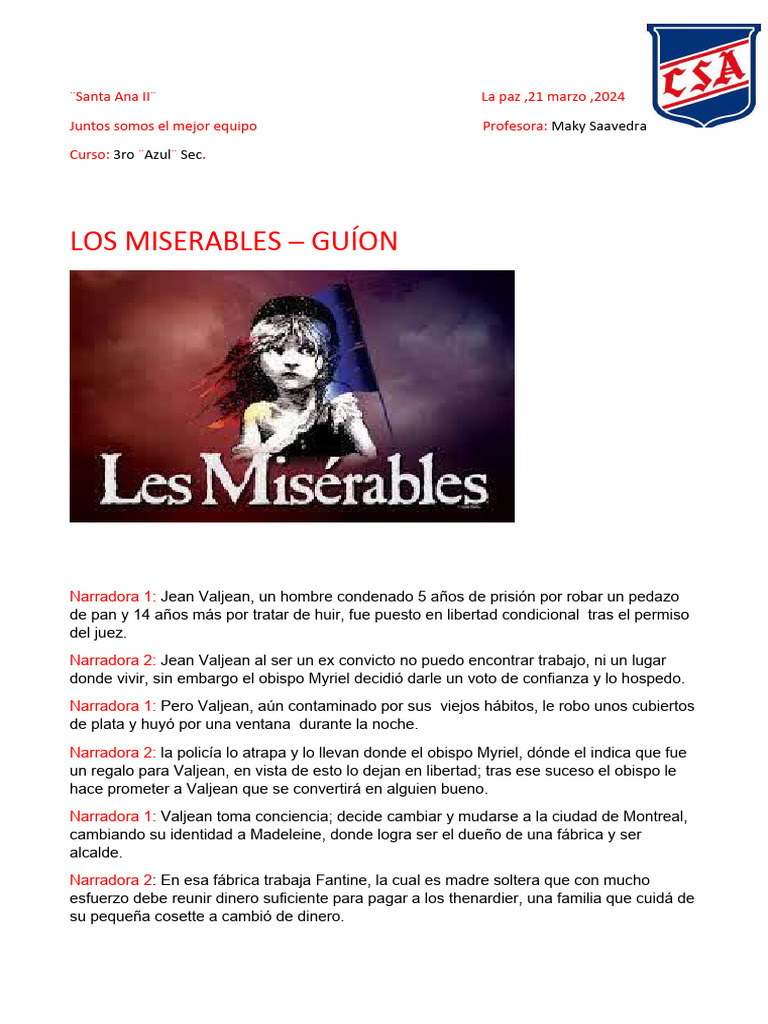 Guion de "Los Miserables" en Teatro Escolar | PDF | Los Miserables ...