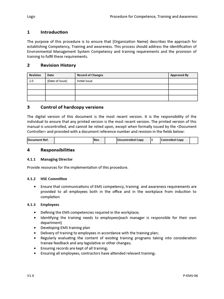 P-EMS-06 Procedure for Competence, Training and Awareness | PDF ...