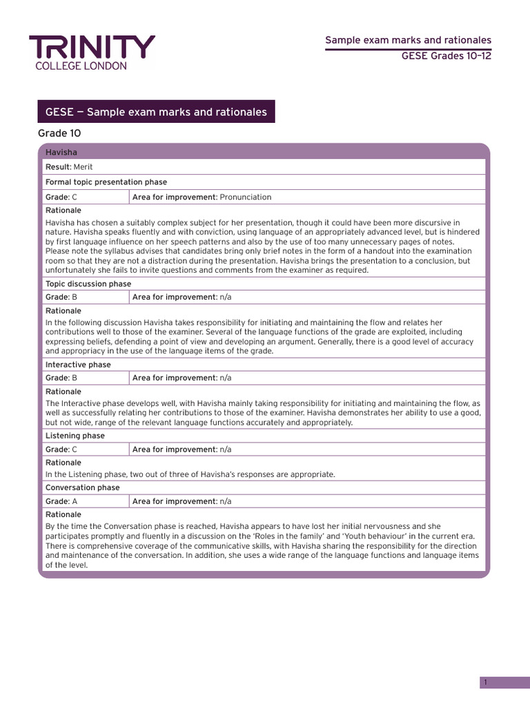 GESE Grades 10-12 Sample Exam Marks and Rationales | PDF | Conversation ...
