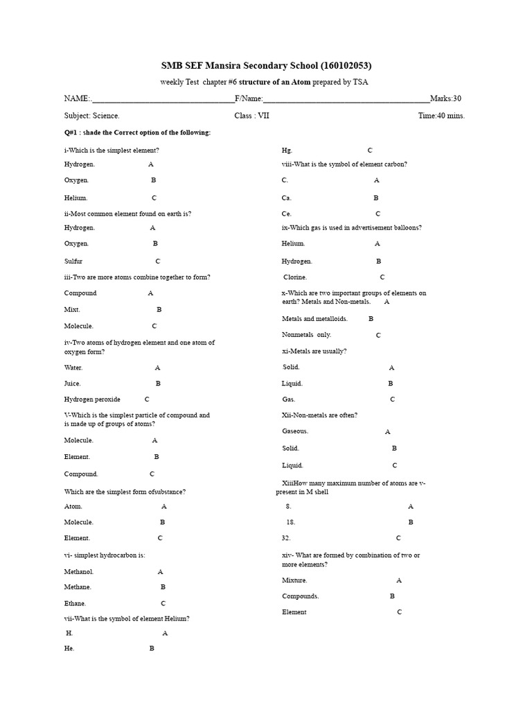 Sci Grade 7 Chapter 6 | PDF | Chemical Elements | Atoms