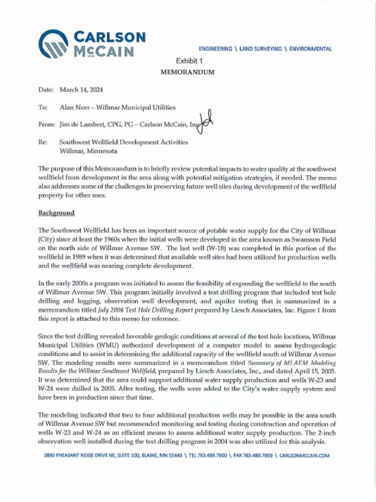 Carlson McCain Memo RE SW Willmar Wellfield | PDF