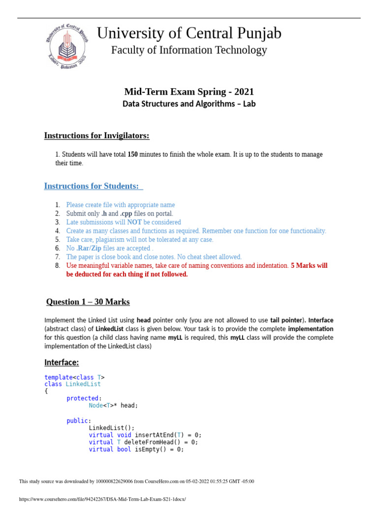 DSA Mid Term Lab Exam S21 1 | PDF | Queue (Abstract Data Type) | Programming Paradigms