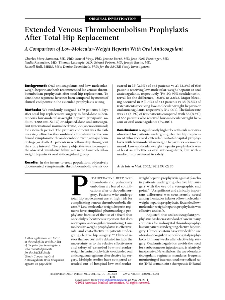 Extended Venous Thromboembolism Prophylaxis After Total Hip Replacement ...
