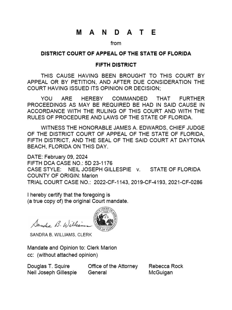 Florida Court Appeal Mandate | PDF | Fourteenth Amendment To The United ...