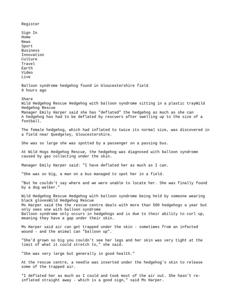 Balloon Syndrome Hedgehog Found in Gloucestershire Field | PDF | Bbc ...
