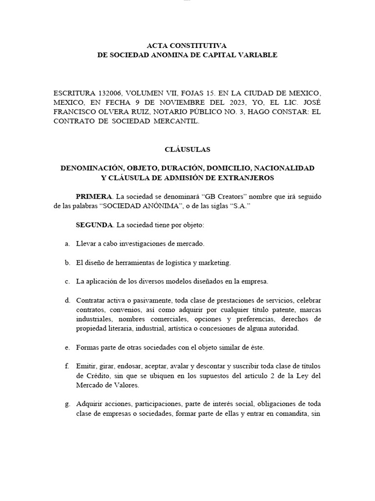 Acta Constitutiva | PDF | Sociedad de responsabilidad limitada | Business