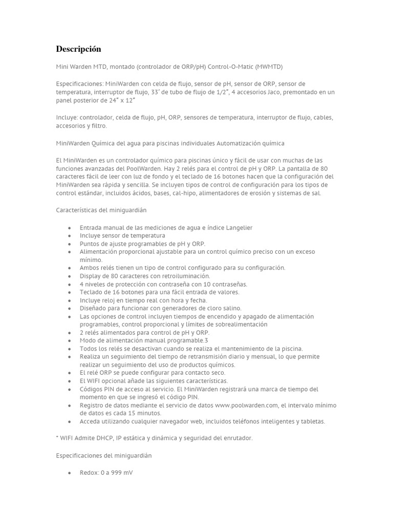 Mini Warden MTD, Montado (Controlador de ORP-pH) Contol-O-Matic (MWMTD ...
