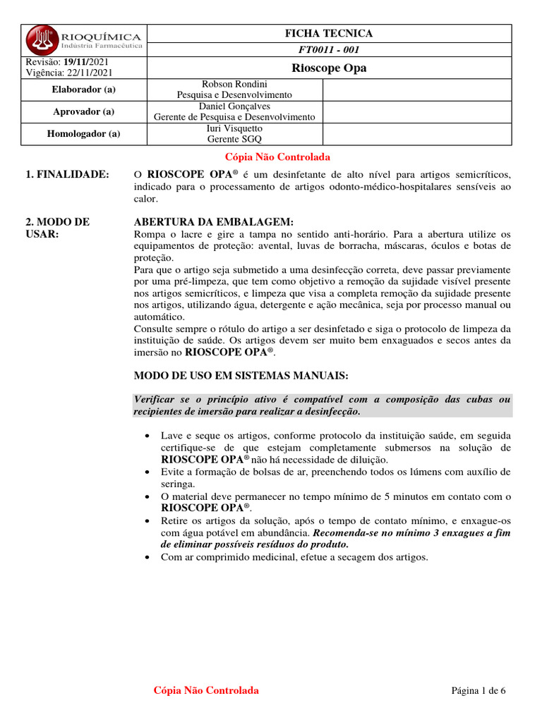 Ficha Tecnica Rioscope Opa | PDF | Desinfetante | Química