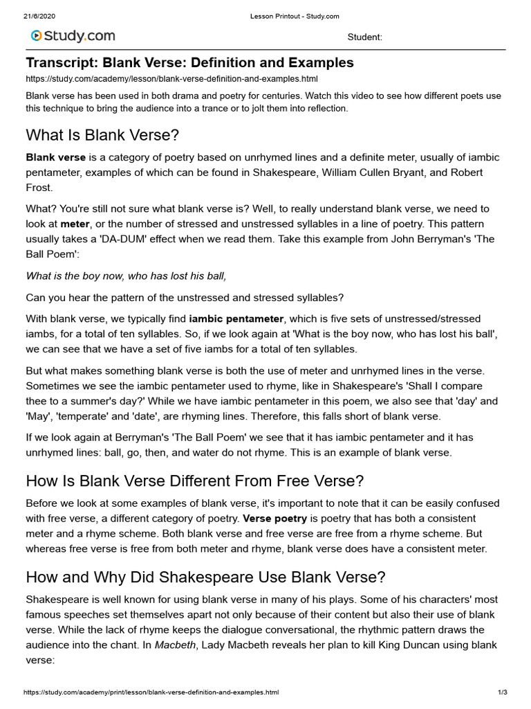 Blank Verse - Definition and Examples | PDF | Poetry | Metre (Poetry)