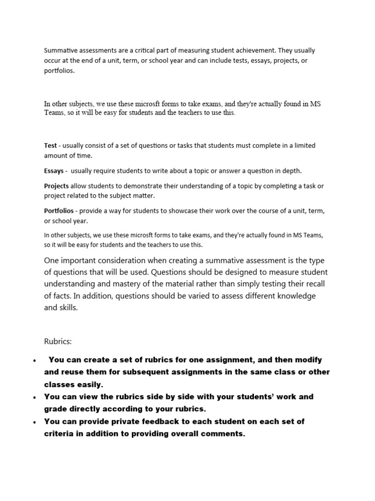 Summative Assessment | PDF | Rubric (Academic) | Educational Assessment